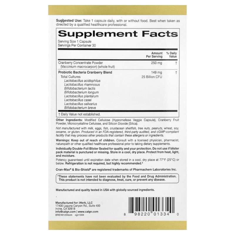 California Gold Nutrition CranMax Probiotics 25 Billion – 30 Veggie ...